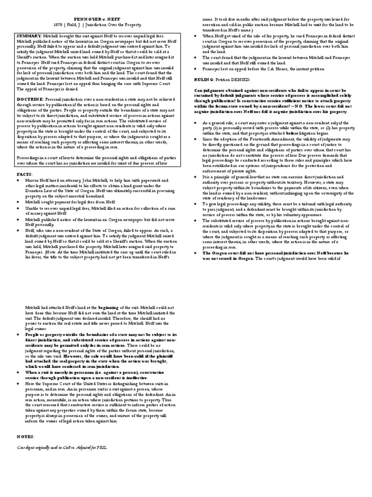 Pennoyer v. Neff | PDF | Personal Jurisdiction | Service Of Process