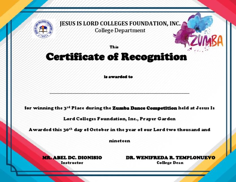 Zumba Dance Competition 3rd Place Certificate | PDF