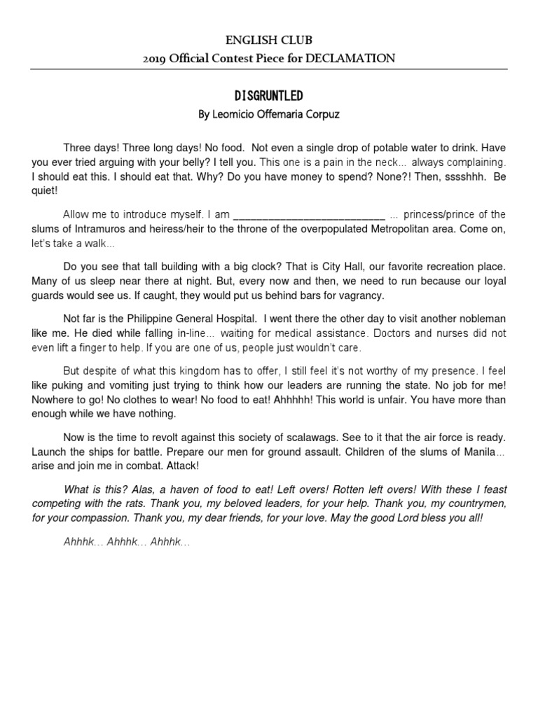 Disgruntled: A Declamation Piece | PDF