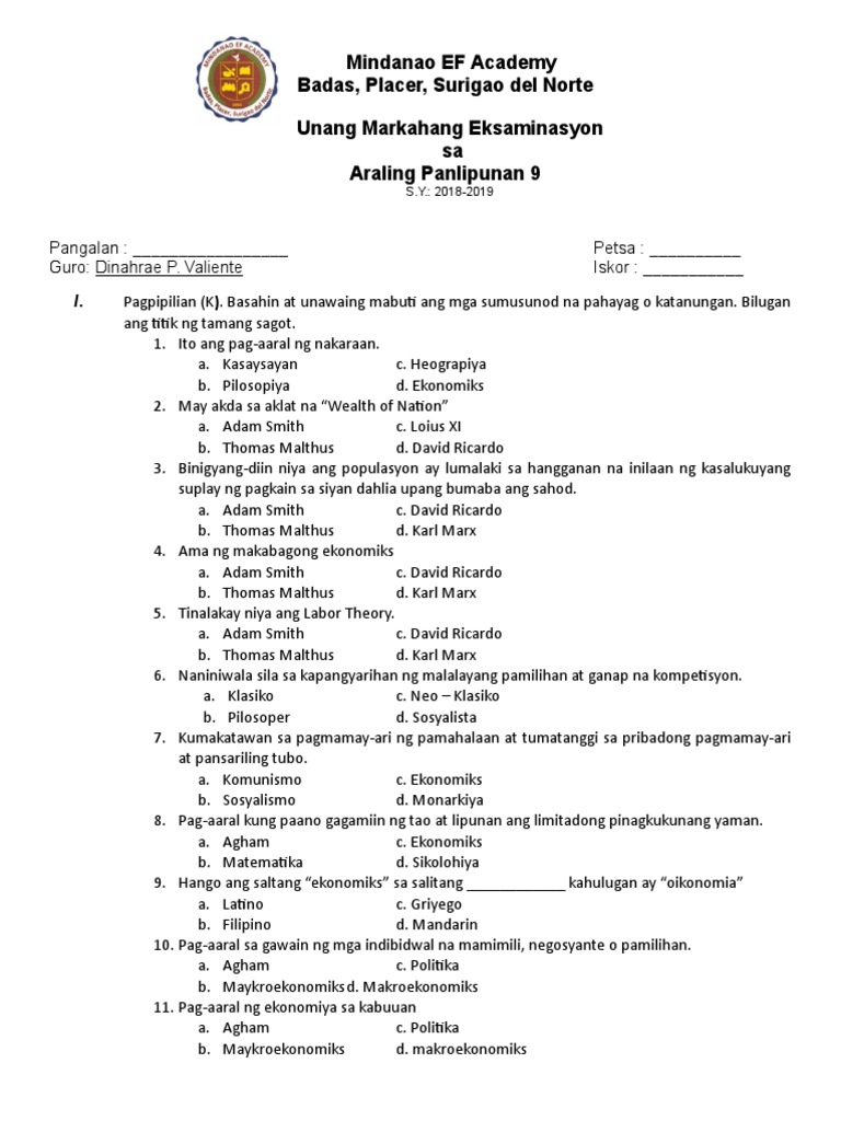 1st Grading AP 9 | PDF