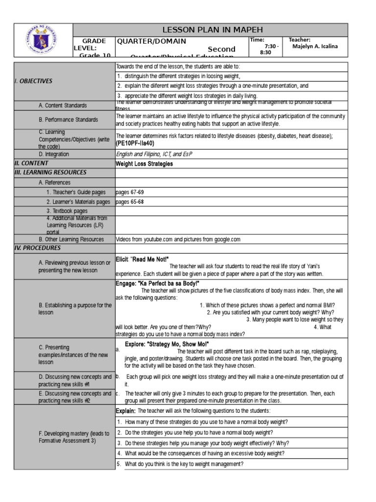 7e's Lesson Plan For Physical Education | PDF | Lesson Plan | Obesity