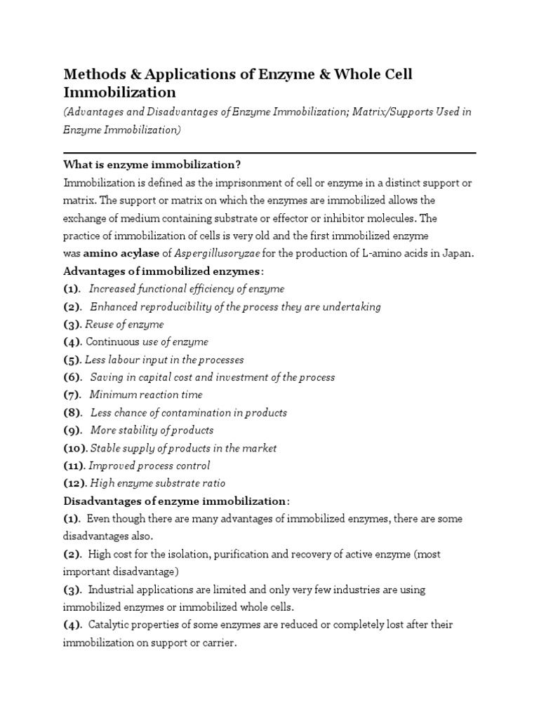 Methods & Applications of Enzyme & Whole Cell Immobilization | PDF ...