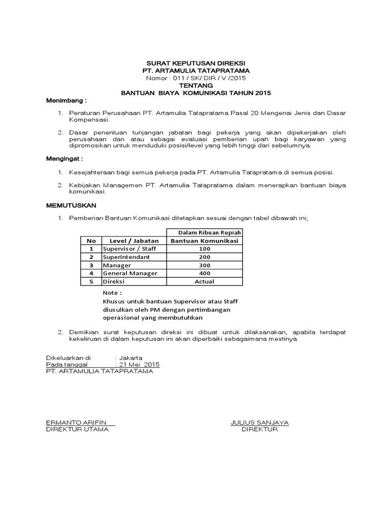 SK Direksi Bantuan Biaya Komunikasi 2015 | PDF