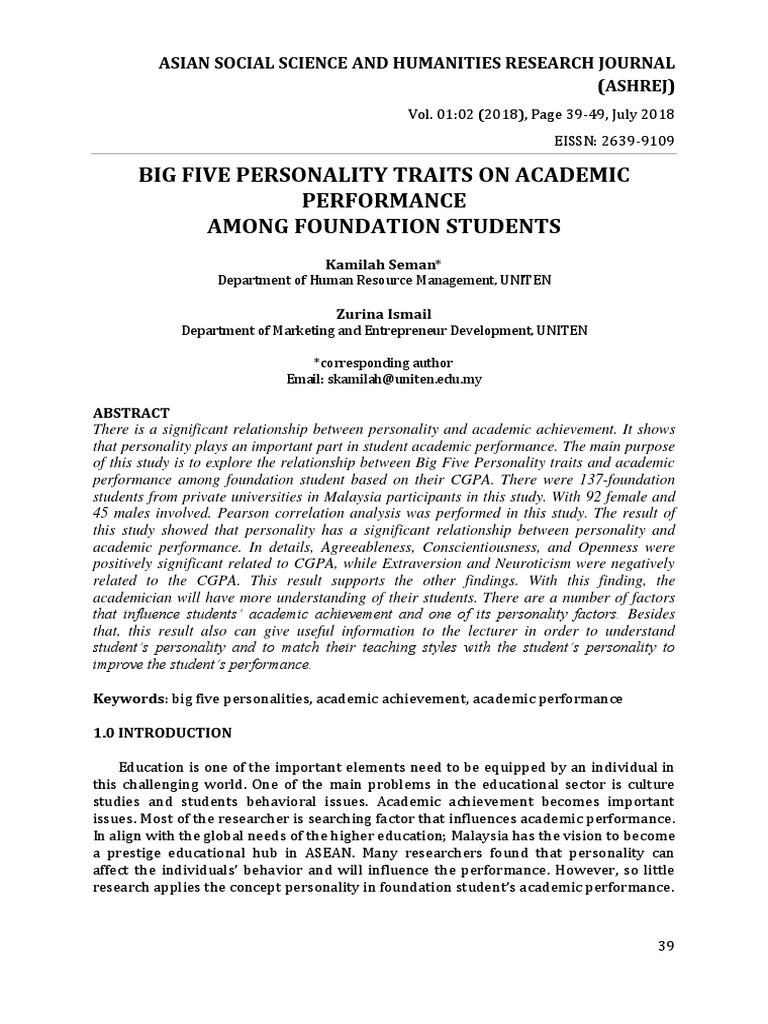 Big Five Personality Traits On Academic Performance Among Foundation ...