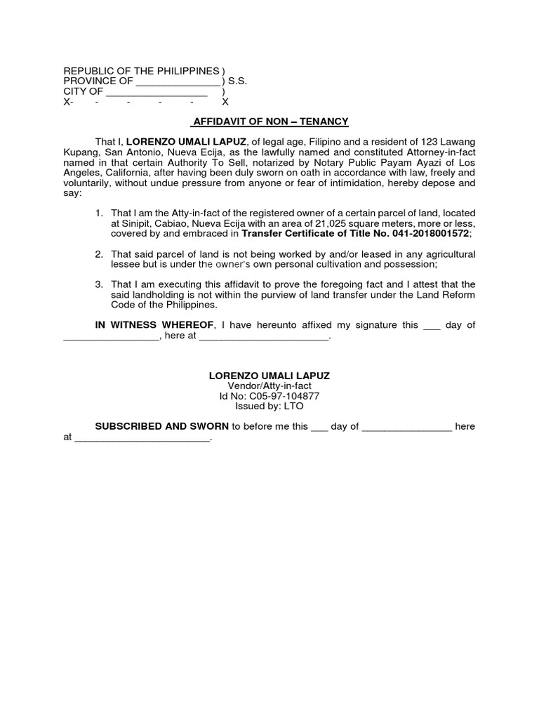 Affidavit of Non-Tenancy Philippines | PDF