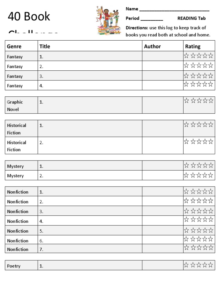 40 Book Challenge: Genre Title Author Rating | PDF | Books | Fantasy