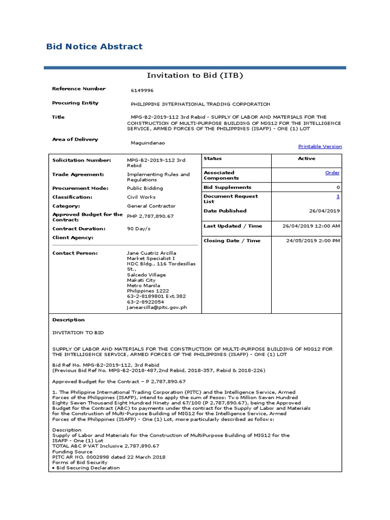 Bid Notice Abstract: Invitation To Bid (ITB) | PDF | Cashier's Check ...