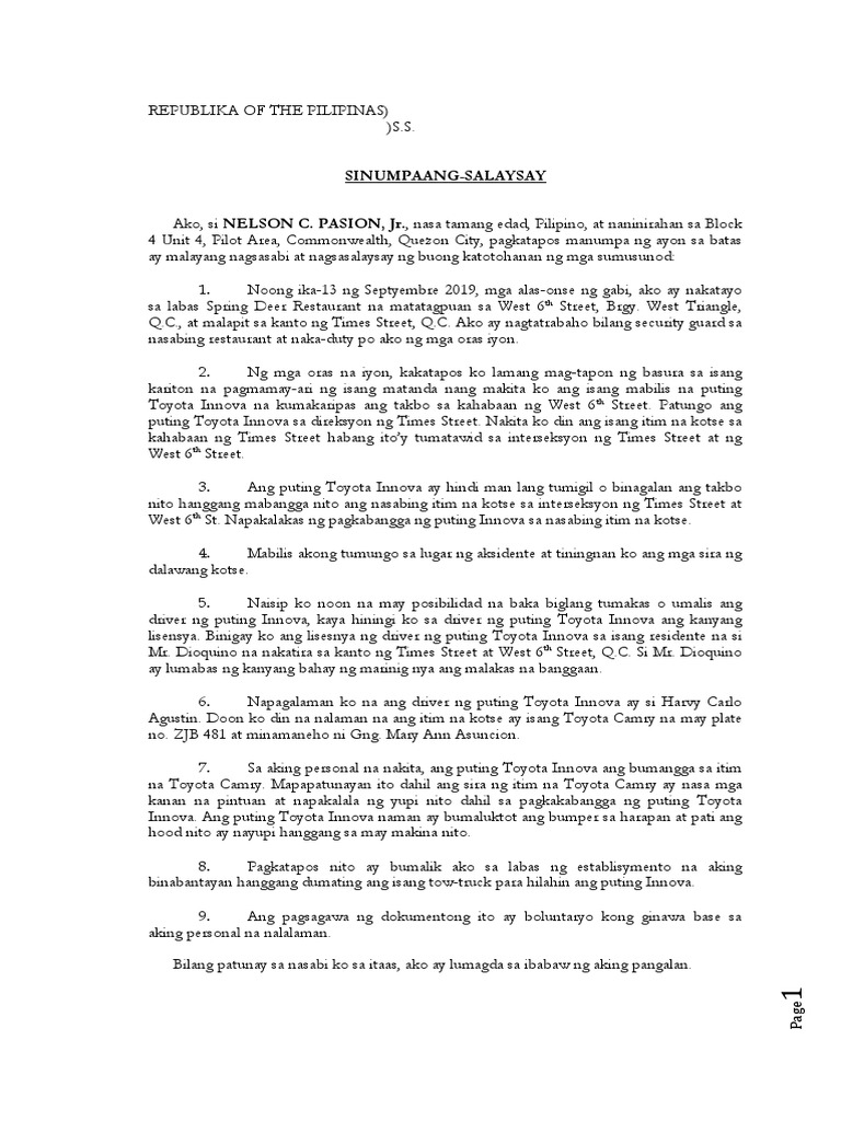 Sinumpaang Salaysay - ESA Case | PDF