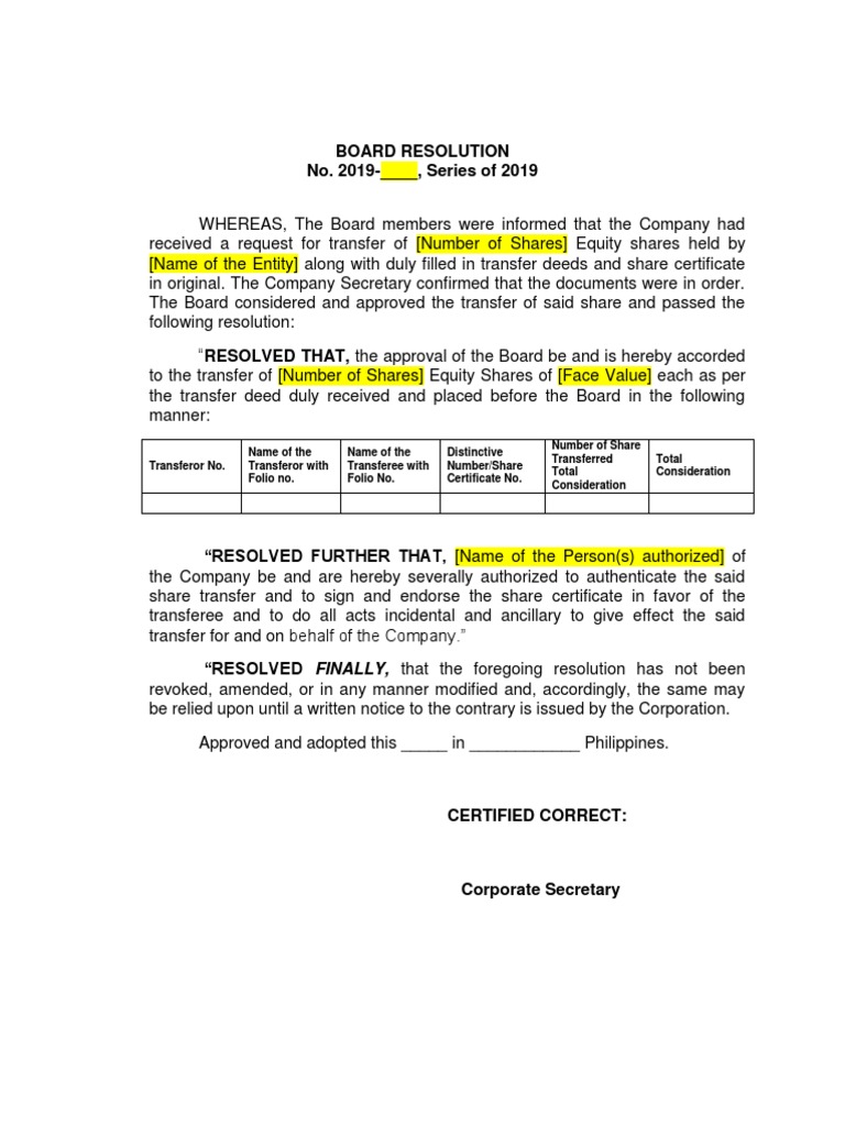 Board Reso - Transfer of Shares | PDF