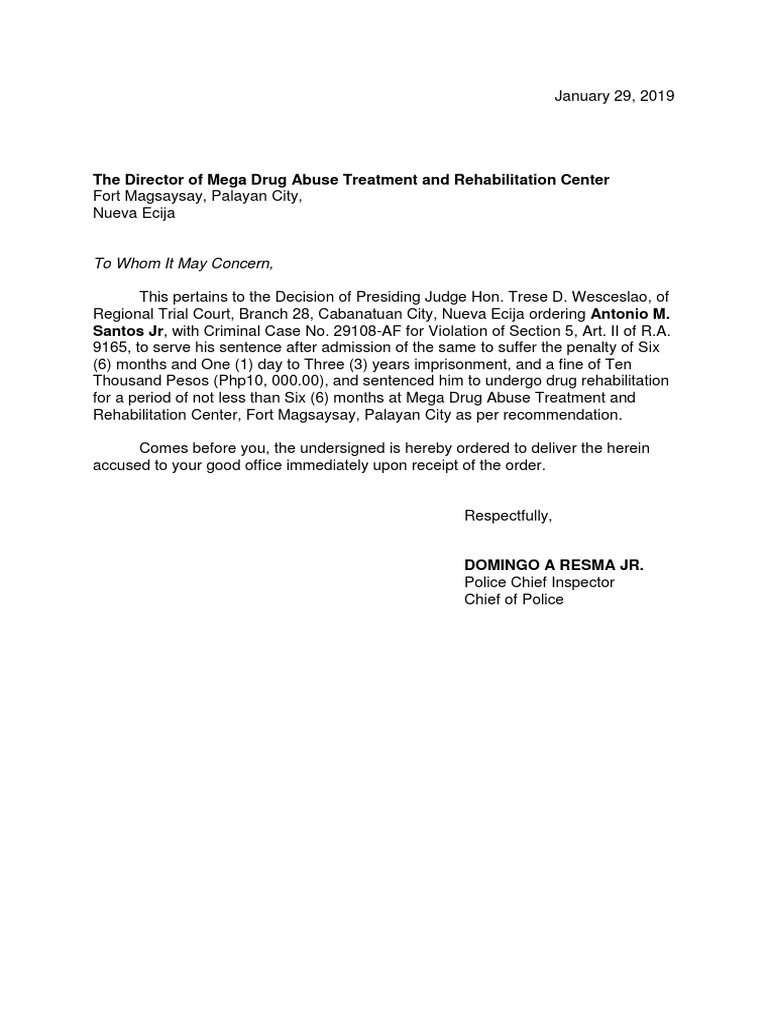 Letter Requesting Admission of Convicted Drug Offender to ...