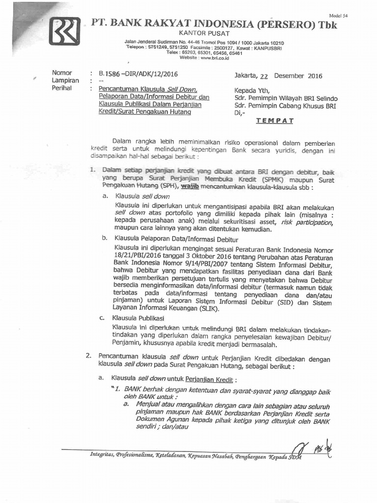 B 1586 Pencantuman Klausula Sell Down, Informasi Debitur, Klausula ...