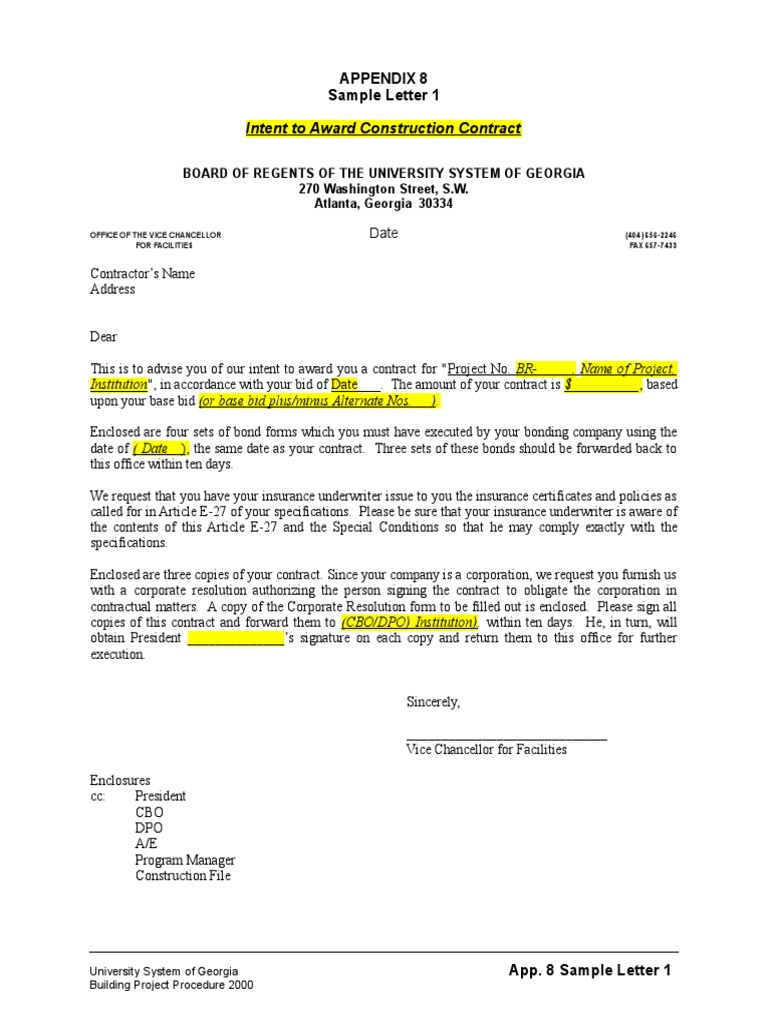 Intent To Award Construction Contract: Appendix 8 Sample Letter 1 | PDF ...