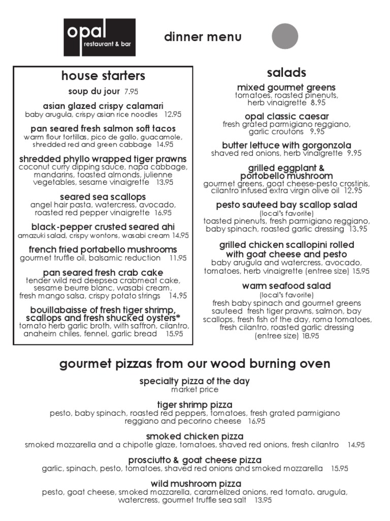 Opal Menu Dinner | Download Free PDF | Salad | Pizza