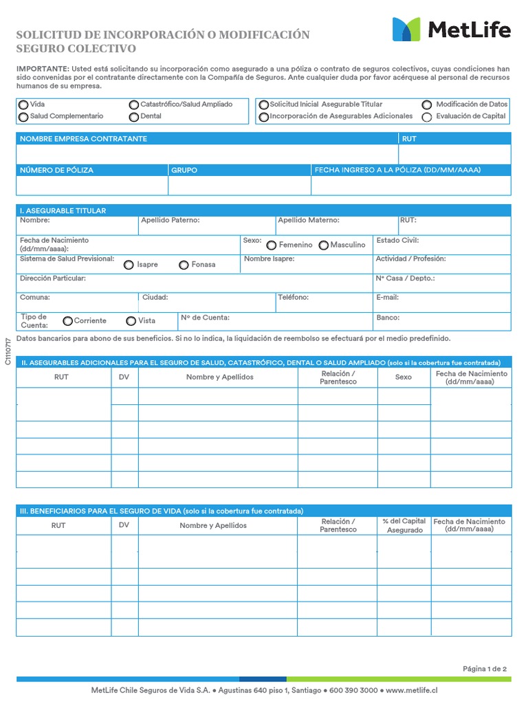Solicitud de Incorporacion Seguro Colectivo de Vida y Salud | PDF | Póliza de seguros | Seguro ...