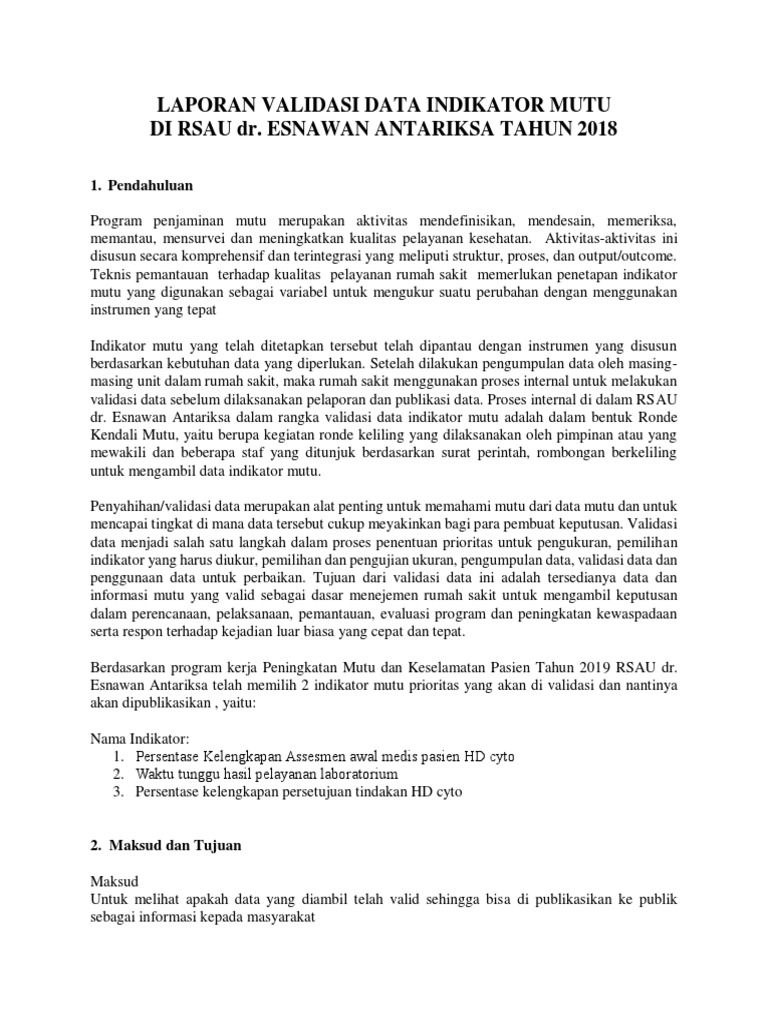 Laporan Validasi Data Indikator Mutu Untuk Publikasi 2019 | PDF