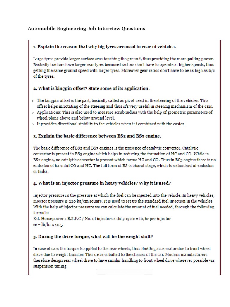 Automobile Engineering Job Interview Questions | PDF | Engines ...