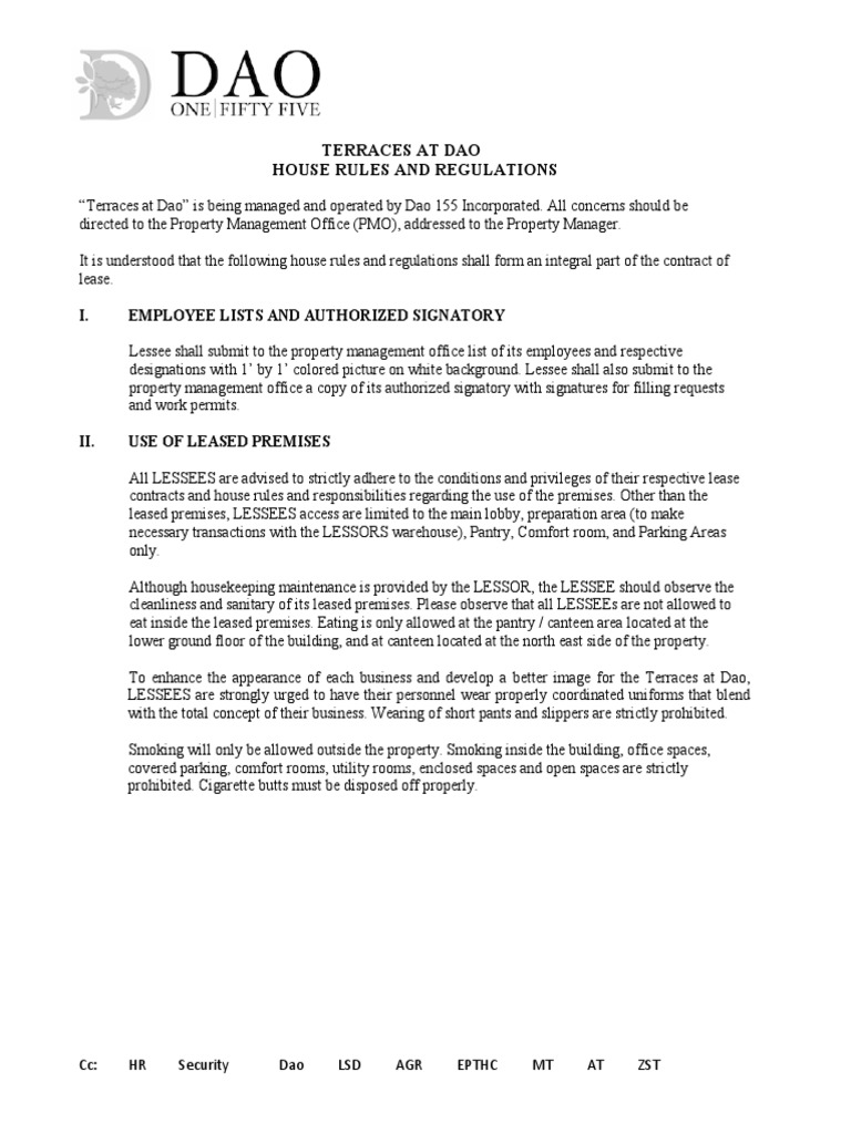 Terraces at Dao House Rules and Regulations: I. Employee Lists and ...