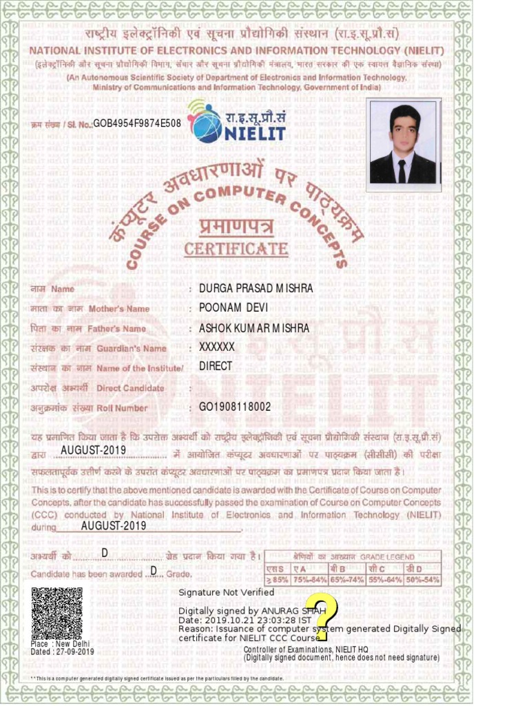 Issuance of a digitally signed certificate for a NIELIT CCC course ...
