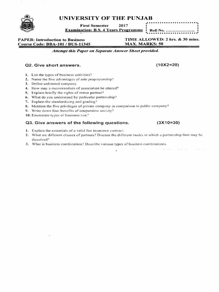 BBA-2017 Punjab University Past Papers | PDF | Expense | Cost Of Capital