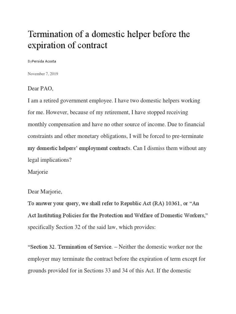 Termination of A Domestic Helper Before The Expiration of Contract | PDF