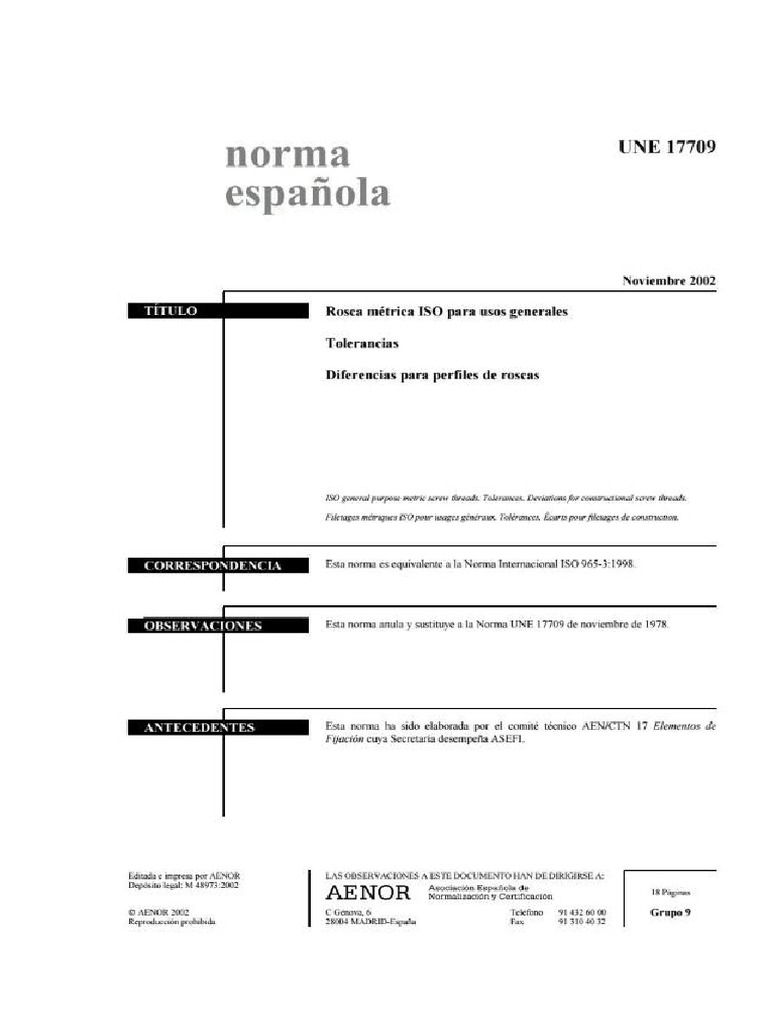 UNE 17709 Rosca Metrica ISO Tolerancias Diferencias para Perfiles de ...