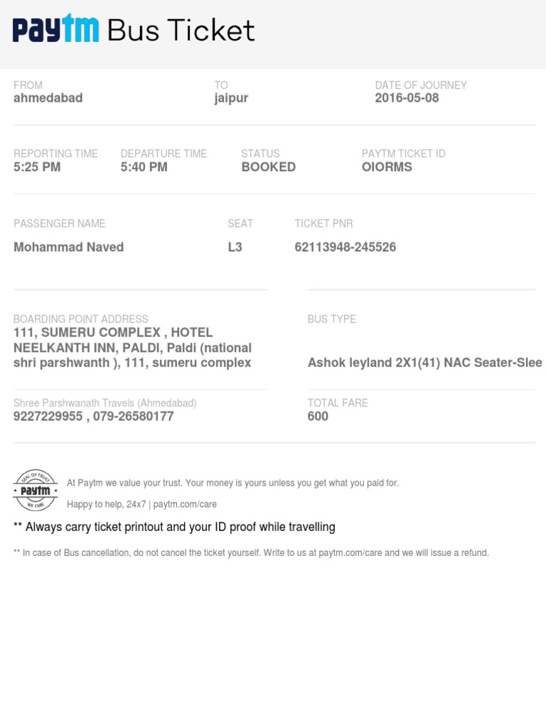 Paytm Bus Ticket Receipt Format | PDF | Ticket (Admission) | Fare