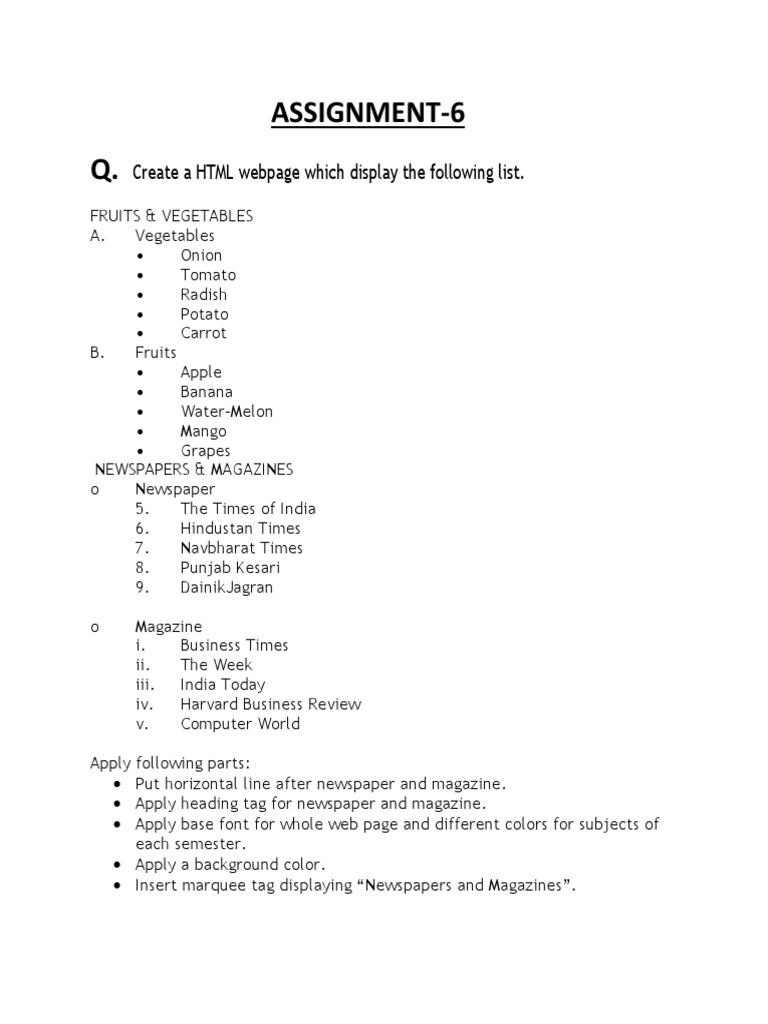 Assignment-6 Q.: Create A HTML Webpage Which Display The Following List ...