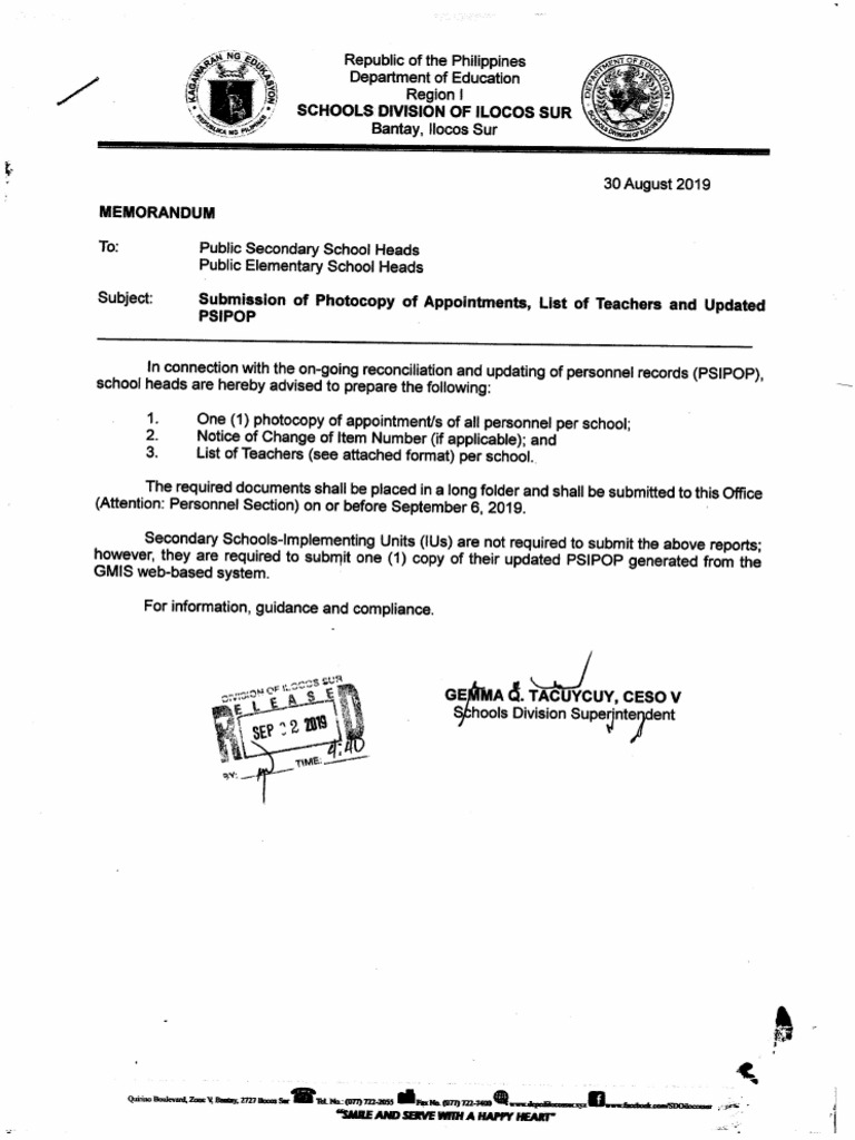 Submission of Photocopy of Appointments List of Teachers and Updated Psipop