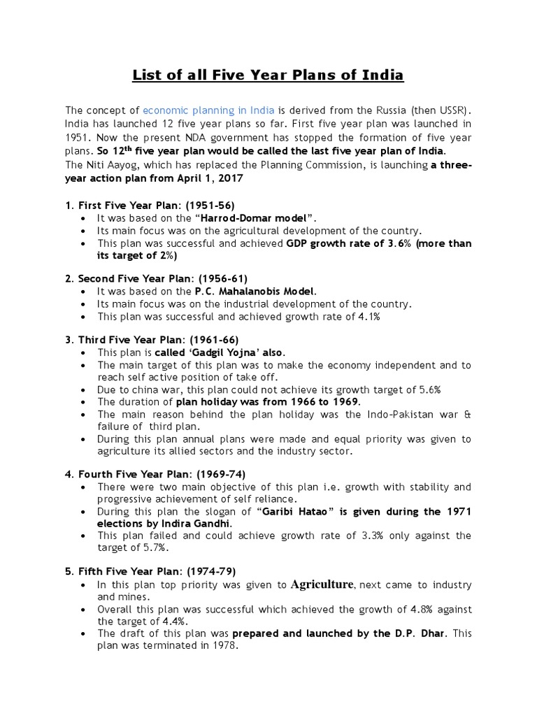 Indian Economy-Five Years Plan Summary | PDF | Economic Growth | Economies