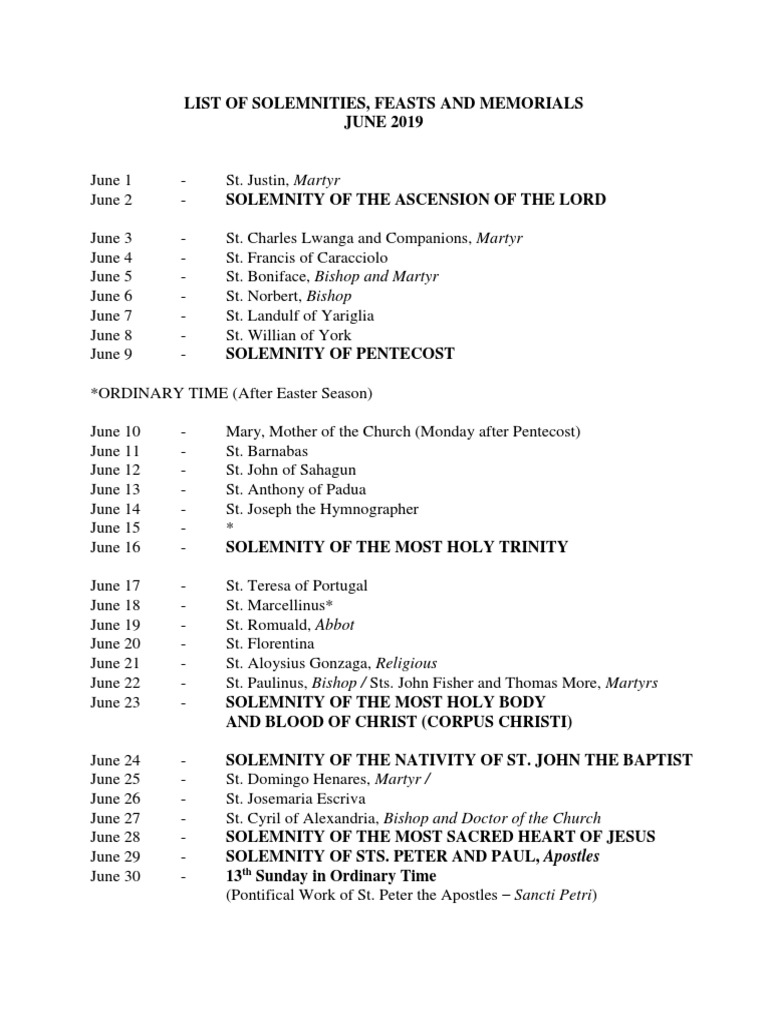 June 2019 Catholic Feast Days | PDF