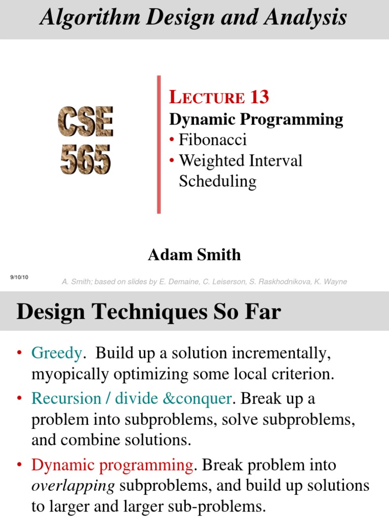 Cse565 F10 Lec 13 Dyn Prog Intro Pdf Dynamic Programming Time Complexity