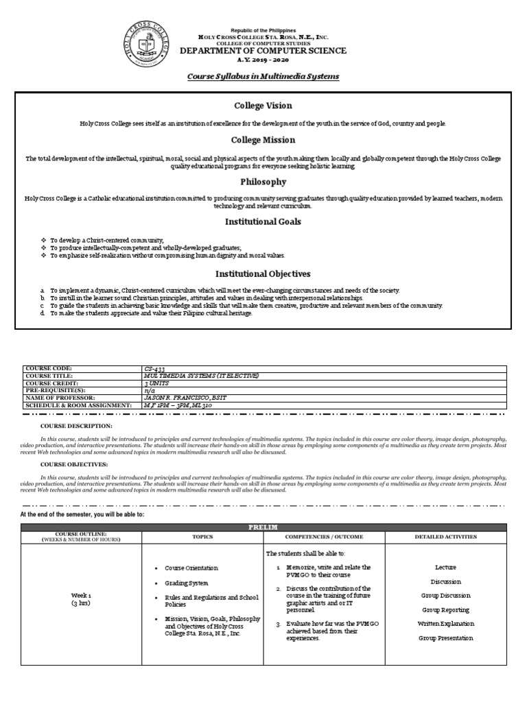 Department of Computer Science: Course Syllabus in Multimedia Systems ...