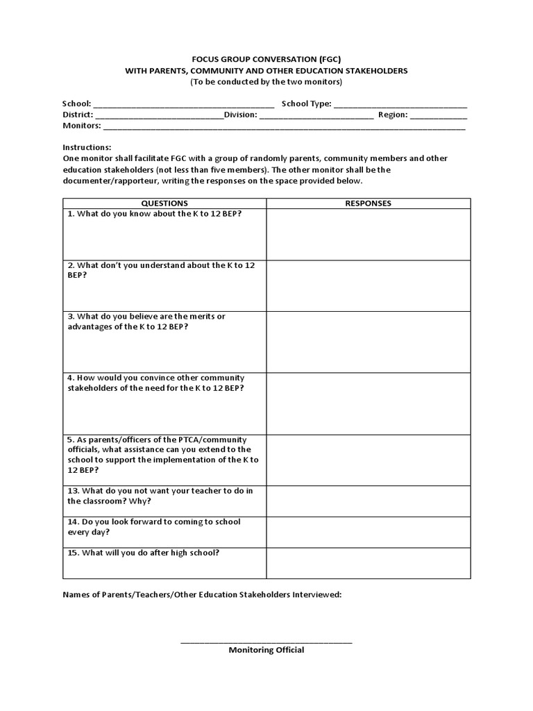 Focus Group Conversation With Parents Community and Other Education ...