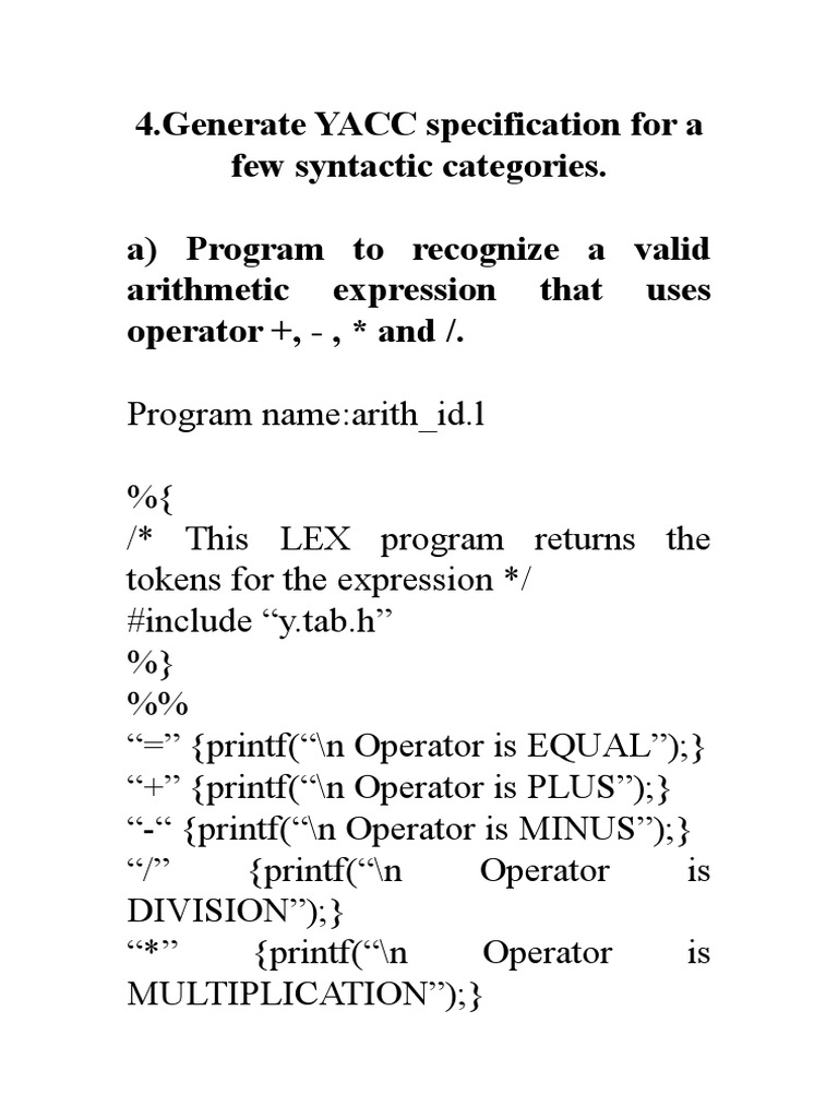 Nerate YACC Specification For A Few Syntactic Categories. A) Program To Recognize A Valid ...