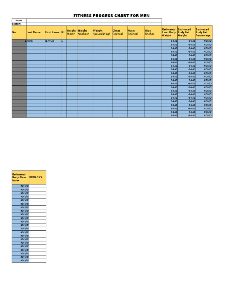 Fitness Progess Chart For Men: Name: Section | PDF | Hyperalimentation ...
