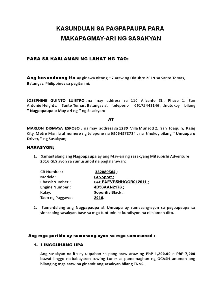 Kasunduan Sa Pagpapaupa para Makapagmay-Ari NG Sasakyan | PDF