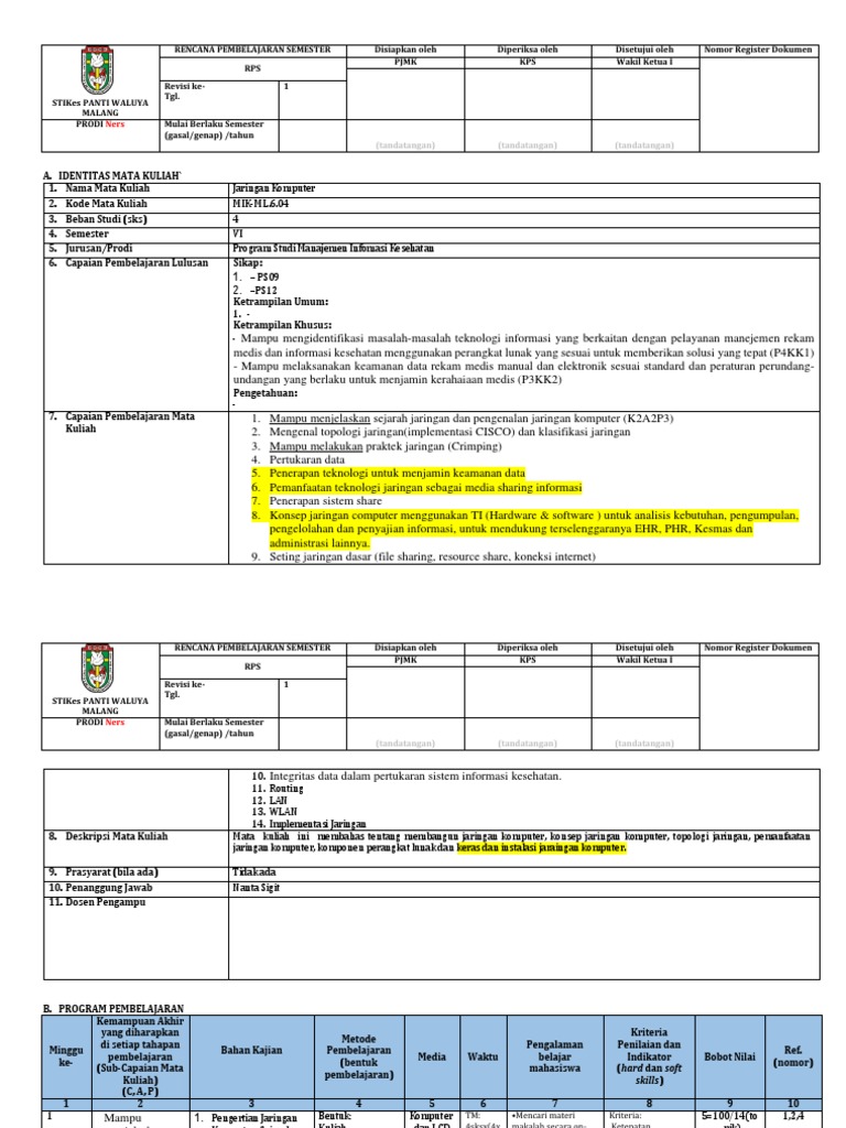 RPS Jaringan Komputer STIKes Malang | PDF