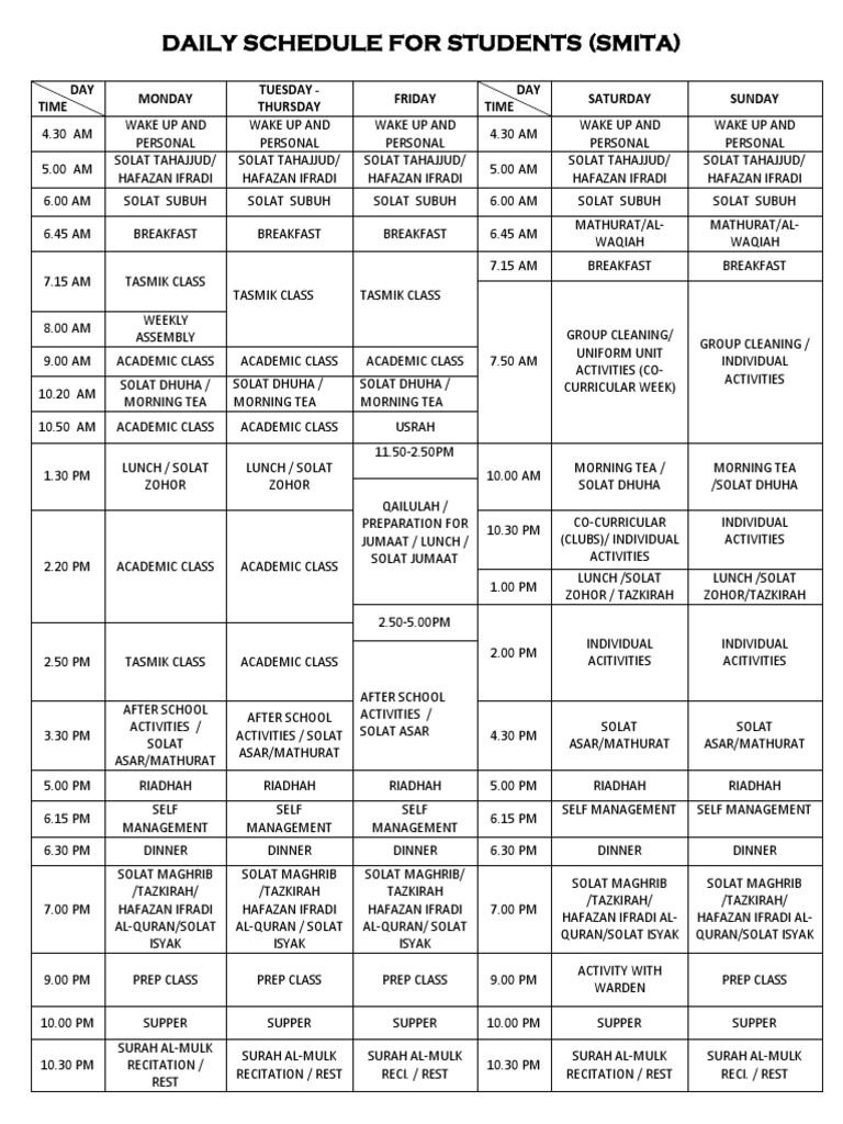 Daily Schedule For Students (Smita) : DAY Time Monday Tuesday ...