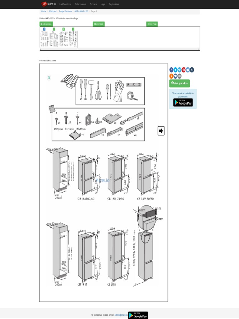 Whirlpool ART 4550 - A+ SF Installation Instructions Page - 1 | PDF