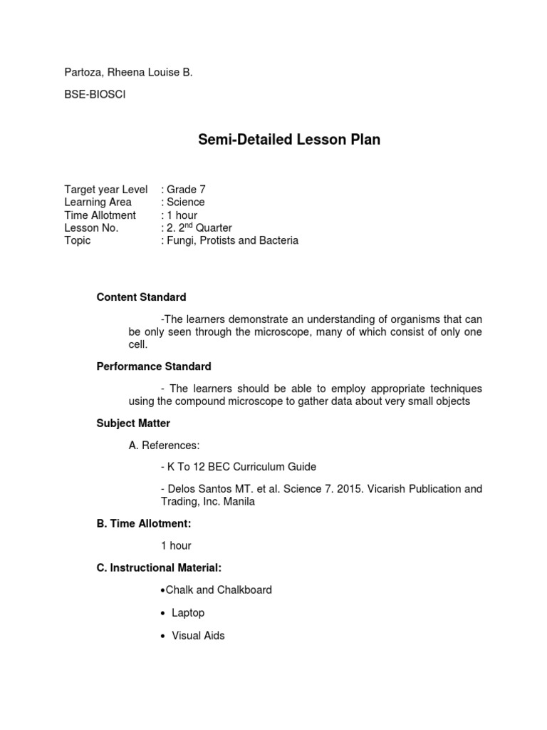Grade7 Lesson Plan (Fungi, Protist and Bacteria) | Download Free PDF ...