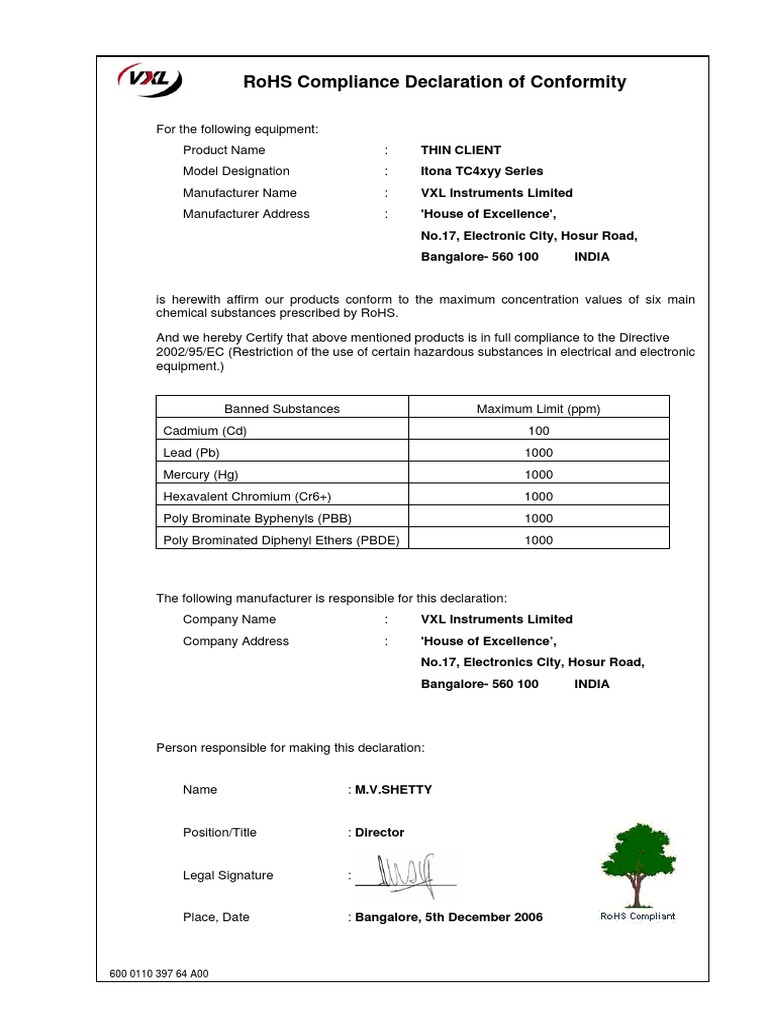 RoHS Declaration ITONA TC4xyy | PDF