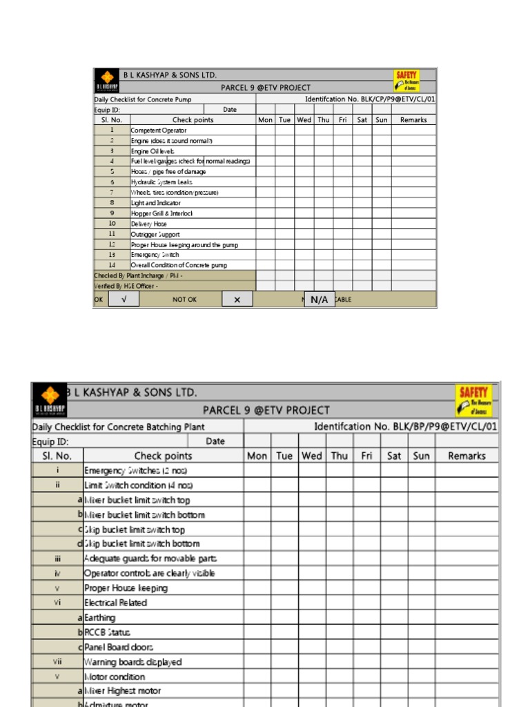 Batching Plant Inspection Check List | PDF | Concrete | Manufactured Goods