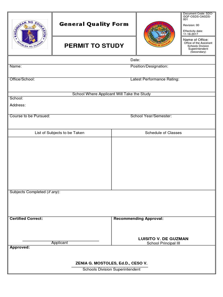 GQF Permit To Study Form Secondary New | PDF