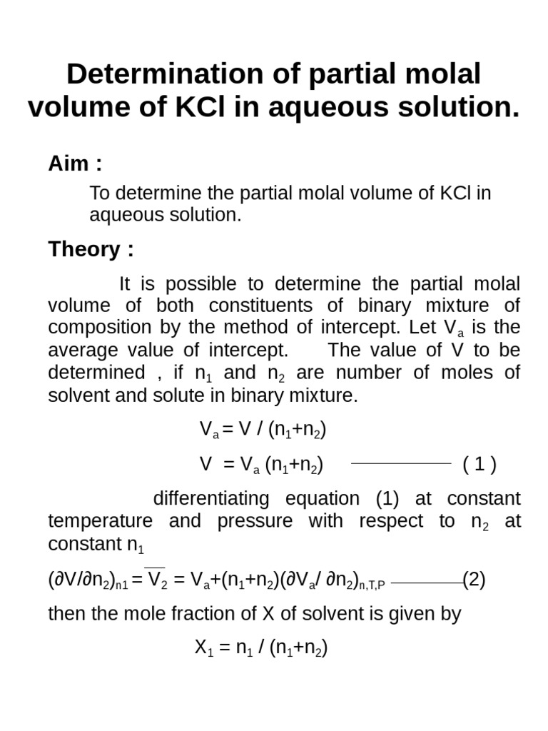 Determination of Partial Molal Volume of KCL in Aqueous Solution | PDF | Density | Physical ...