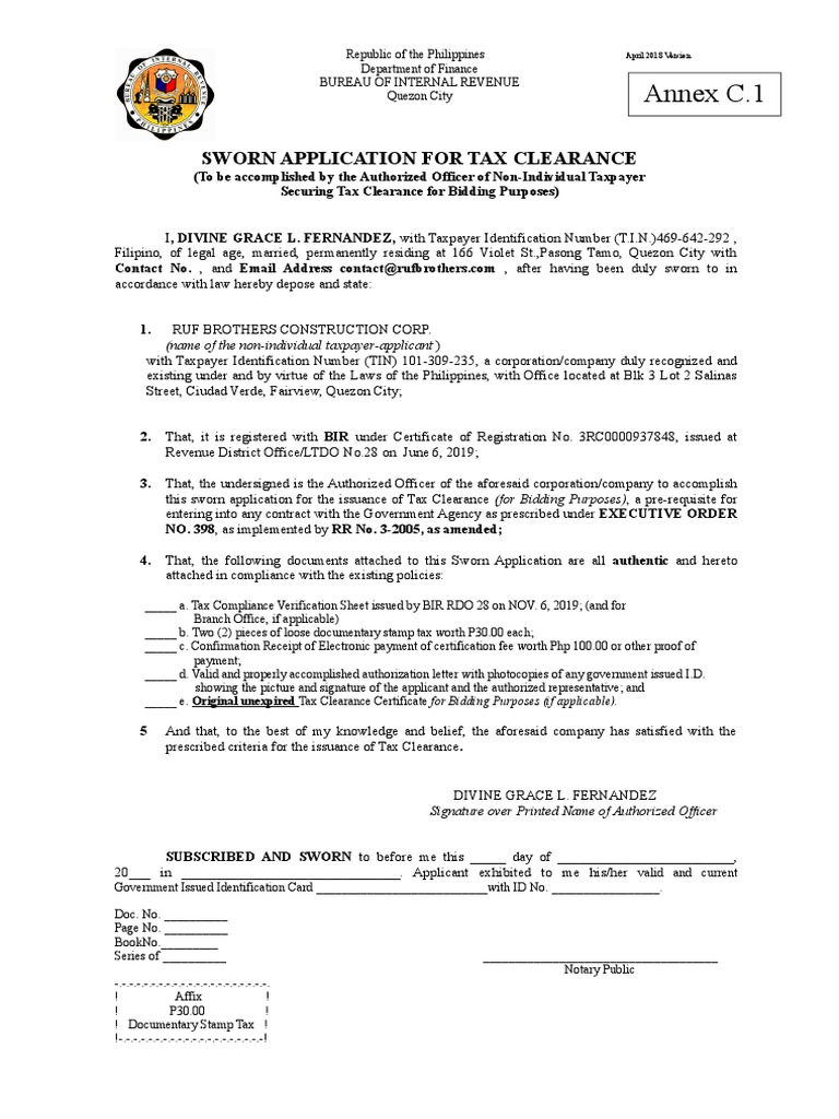 Sworn Application For Tax Clearance Annex C 1 Ruf | PDF | Identity ...