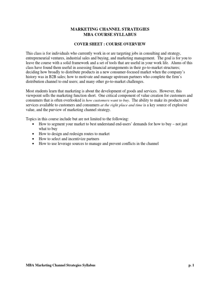 Mba Marketing Channel Strategies Syllabus | PDF | Sales | Marketing