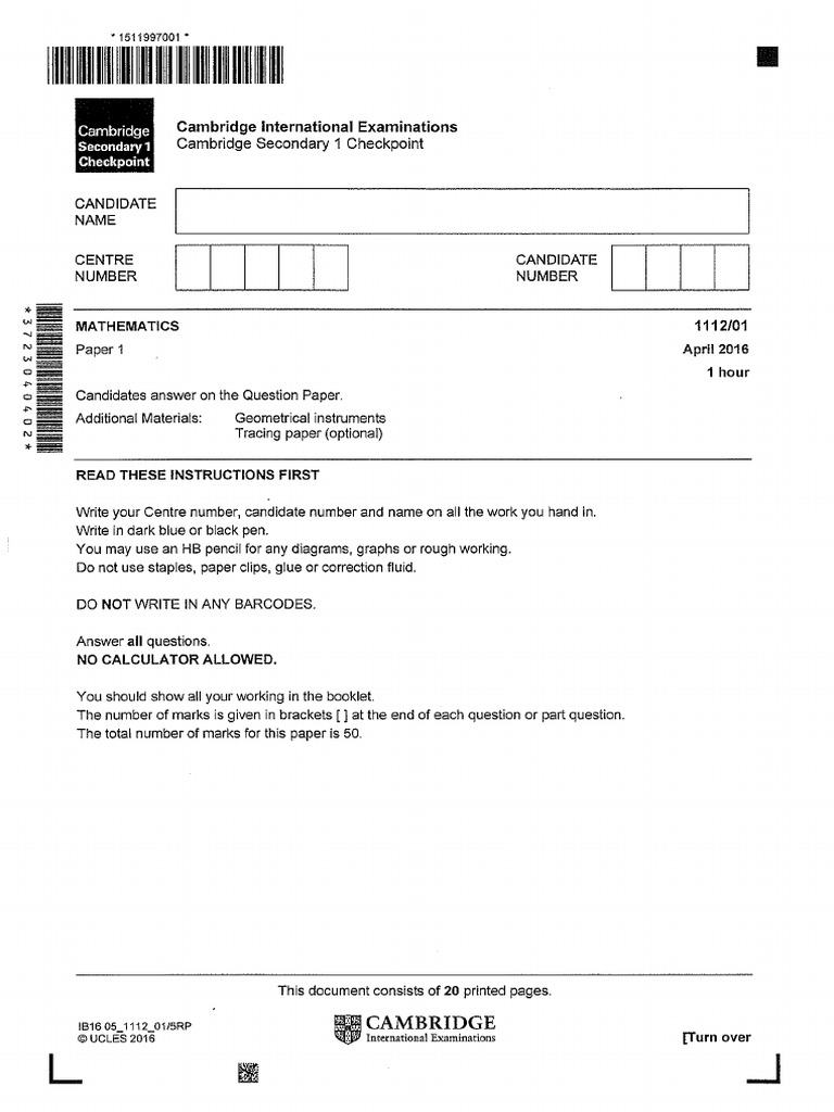 Secondary Checkpoint April 2016 Maths Paper 1 | PDF