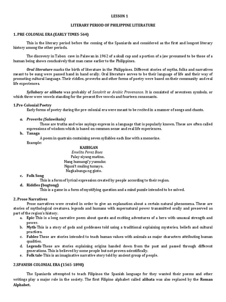 Lesson 1 Literary Period Of Philippine Literature 1. Pre-Colonial Era ...