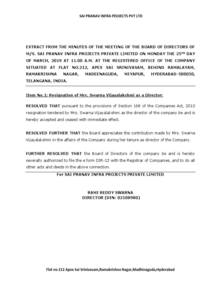 Board Meeting Minutes - Director Resignation | PDF | Career & Growth