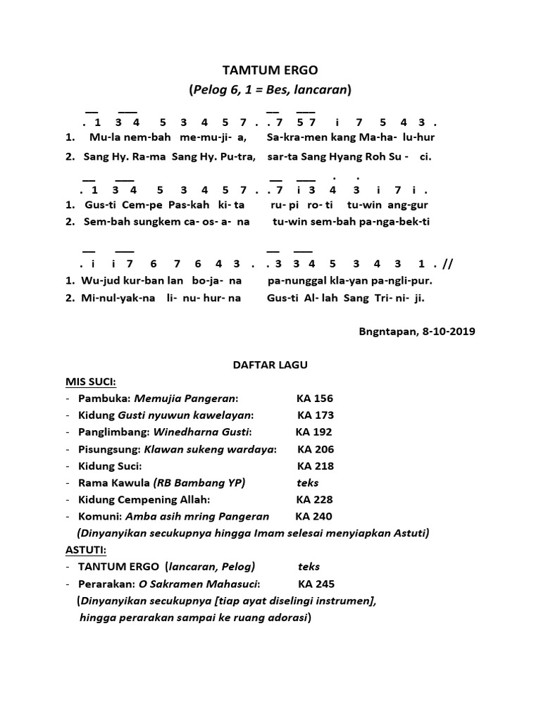 Lirik dan Teks Lagu Tantum Ergo | PDF